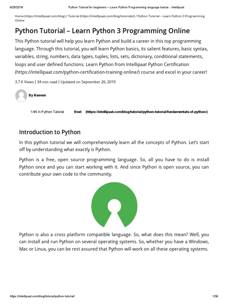 Python Tutorial For Beginners Learn Python Programming Language Basics Intellipaat Pdf