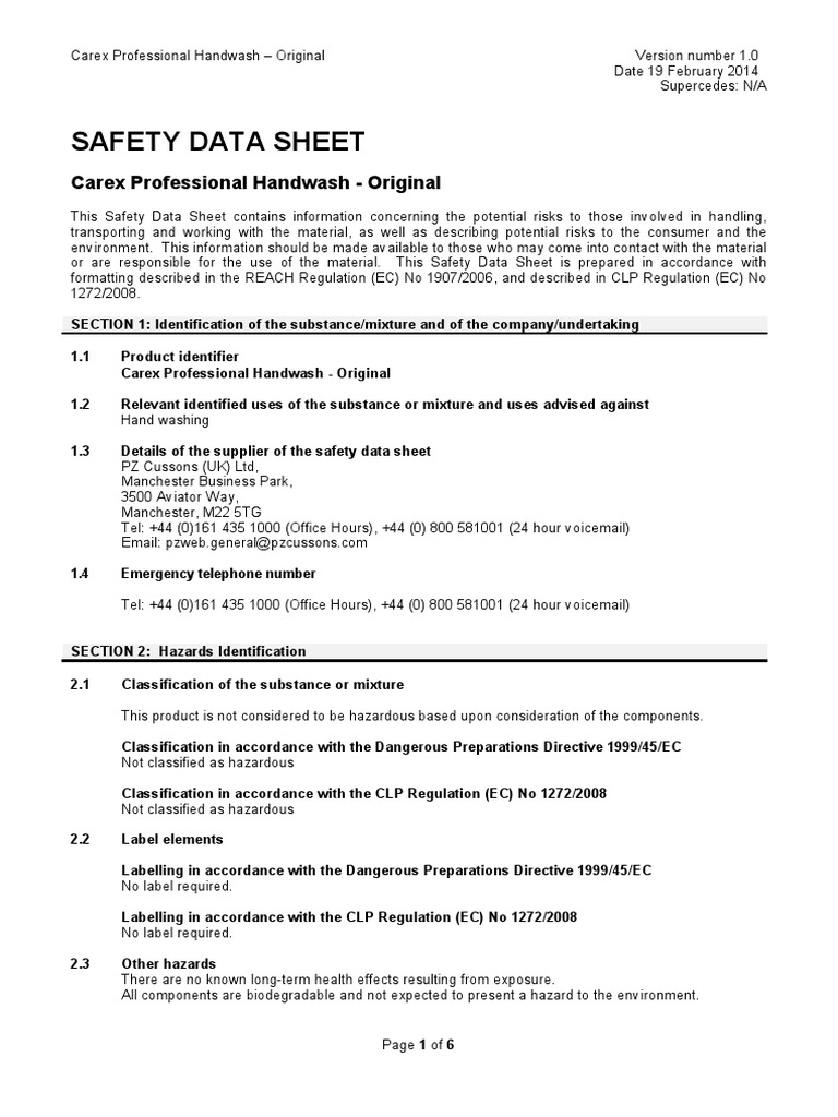 Safety Data Sheet: Carex Professional Handwash - Original | PDF ...