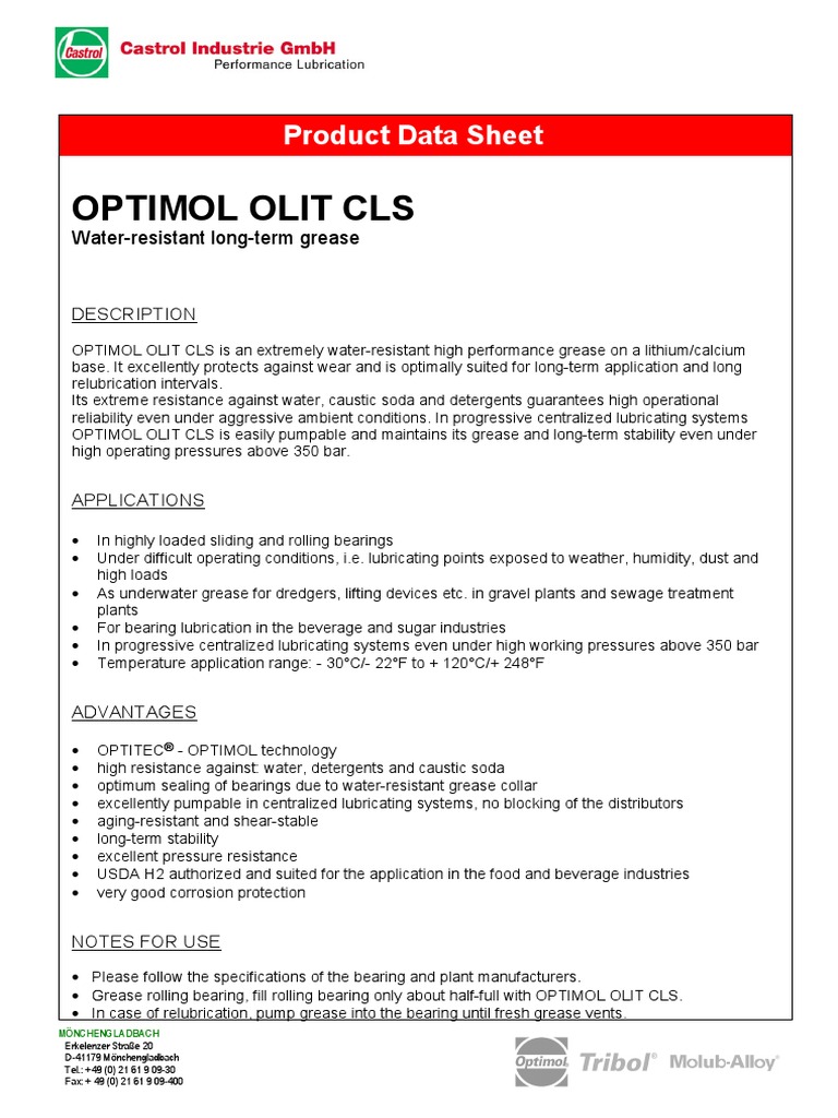 Optimol Olit CLS: Product Data Sheet | PDF | Bearing (Mechanical ...