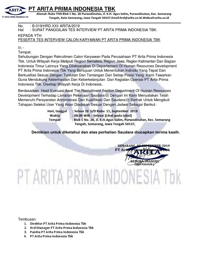 Surat Panggilan Tes Interview PT Arita Prima Indonesia Tbk. | PDF