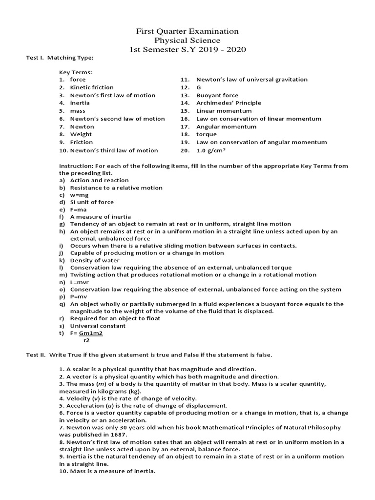 1st Quarter Test - Physical Science | PDF | Buoyancy | Force