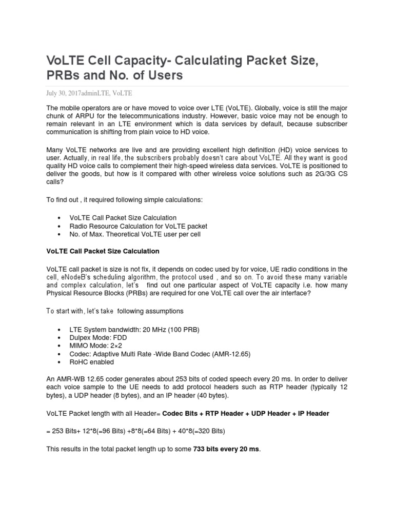 Volte Cell Capacity-Calculating Packet Size, Prbs and No. of Users ...