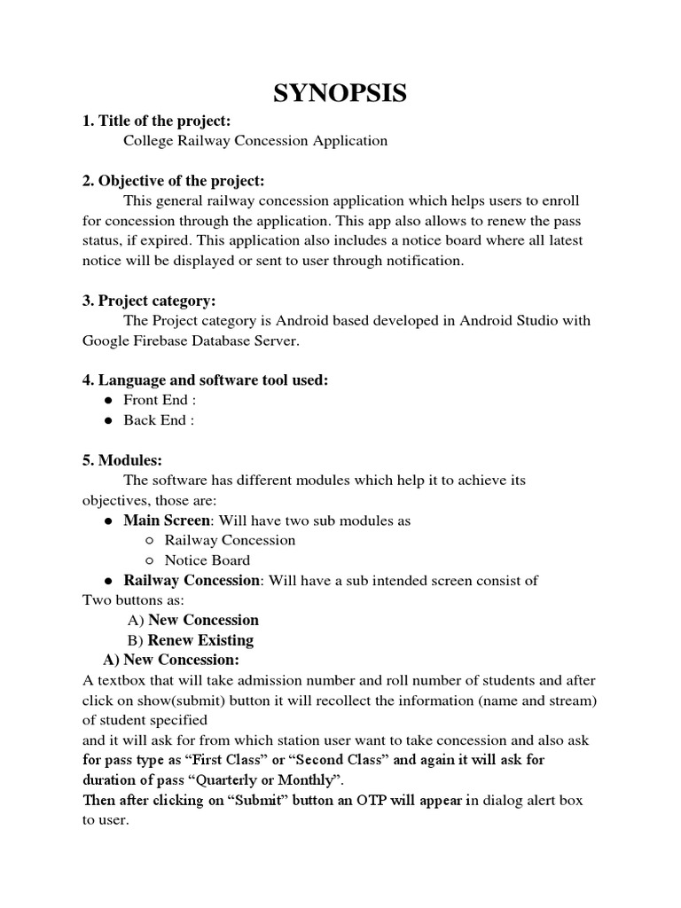 Synopsis: 1. Title of The Project | Download Free PDF | Android ...