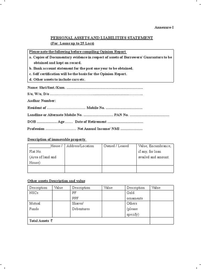 Assets and Liabilities Declaration | PDF | Loans | Money