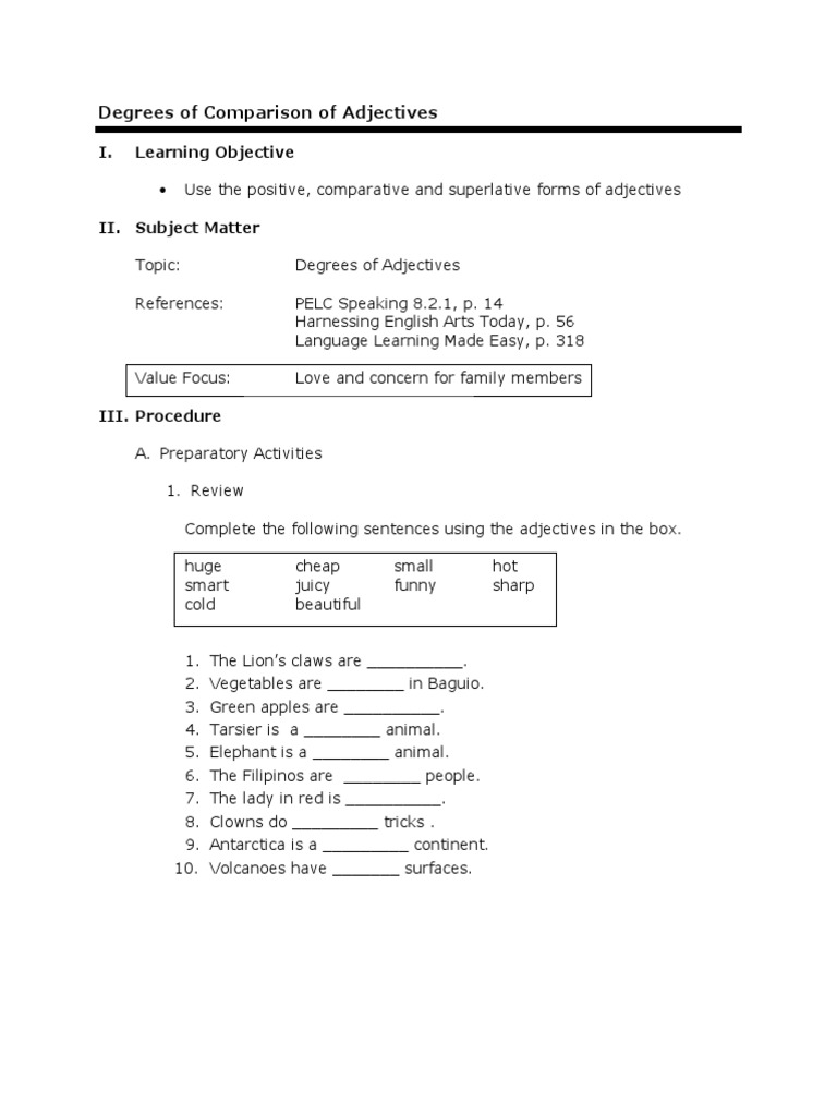 Degrees of Comparison of Adjectives: I. Learning Objective | PDF ...