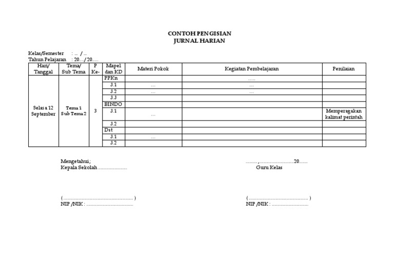 Contoh Pengisian Jurnal Harian | PDF