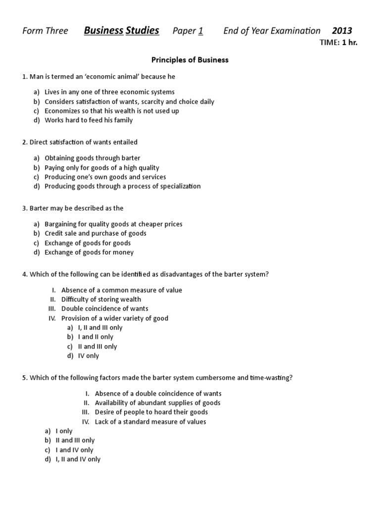 Business Studies: Form Three Paper 1 End of Year Examination 2013 | PDF ...