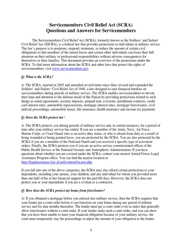 Servicemembers Civil Relief Act (SCRA) Questions and Answers For ...