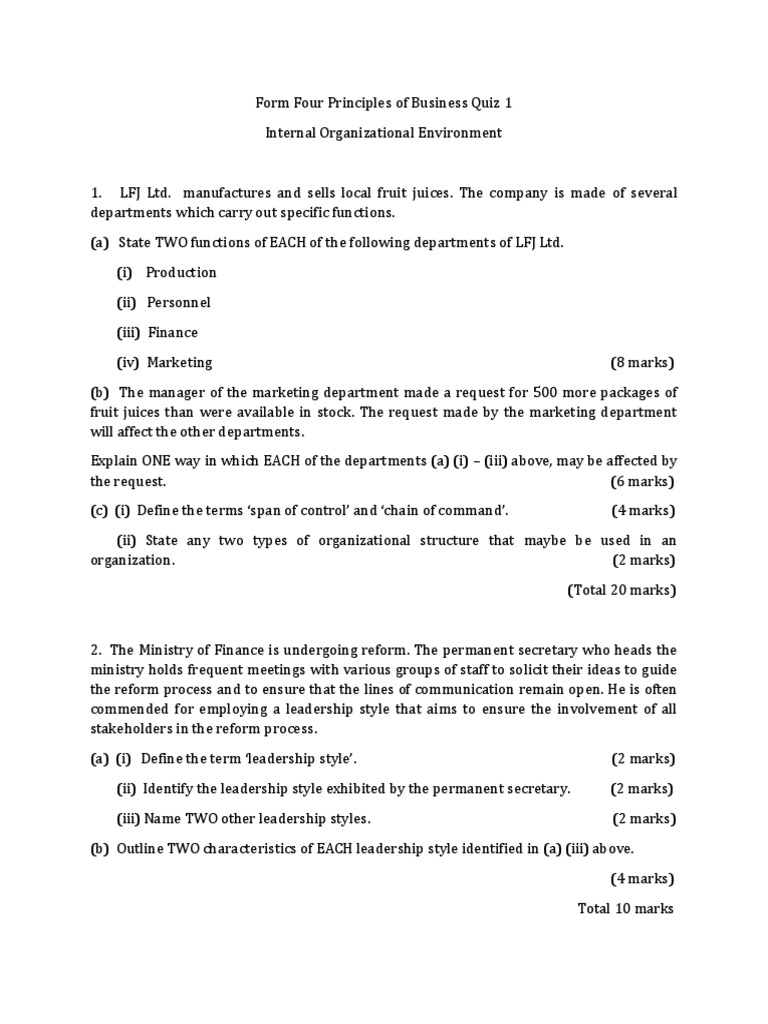Form Four Principles of Business Quiz 1 | PDF