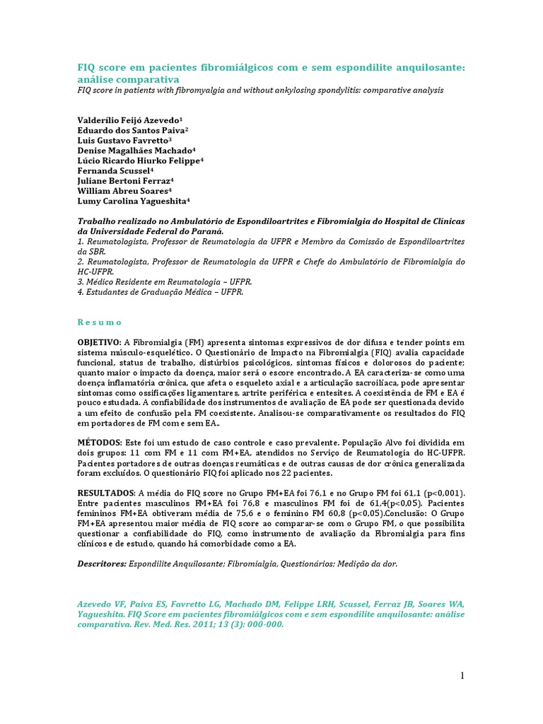 FIQ Score em Pacientes Fibromialgicos Co | PDF | Dor | Especialidades ...