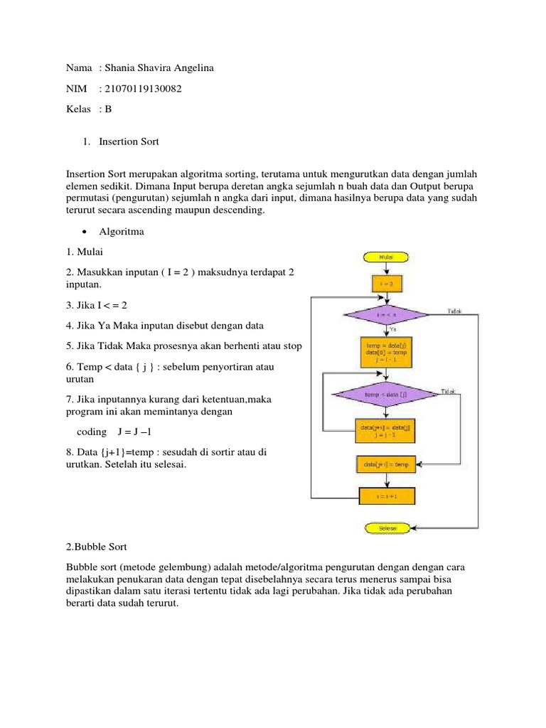 Progkomp Insertion Sort and Bubble Chart Using Algorithm and Flowchart | PDF