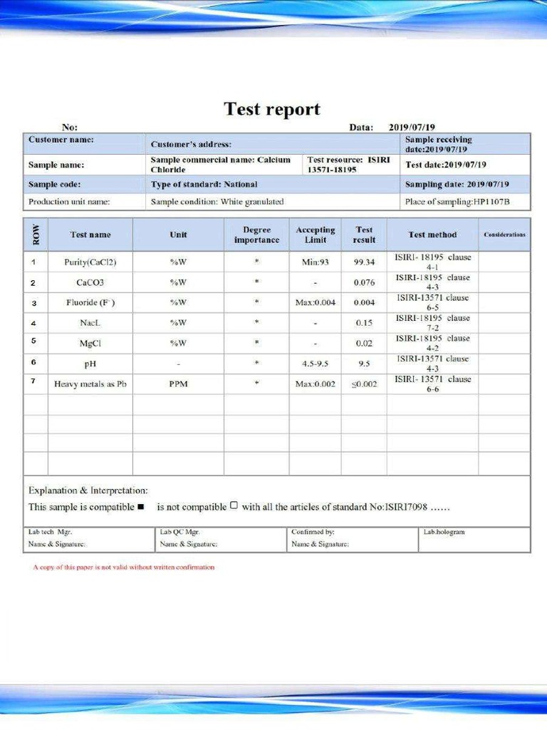 Calcium Chloride Coa | PDF