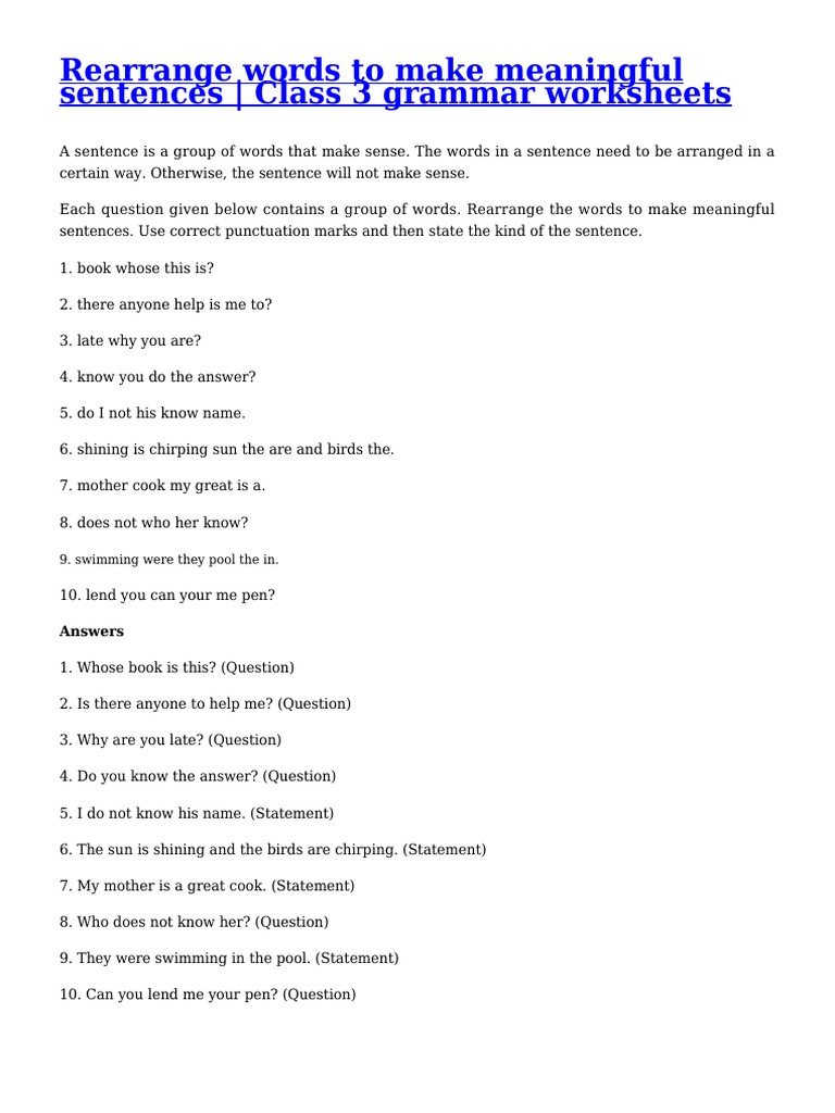 1rearrange Words To Make Meaningful Sentences PDF | PDF