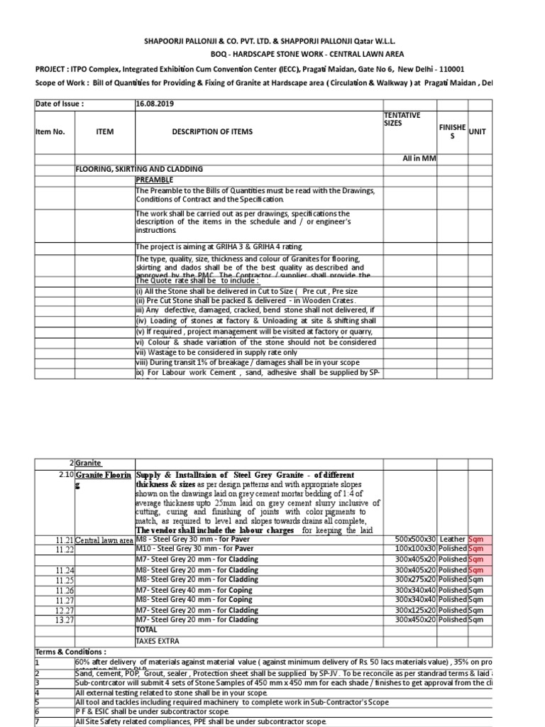 Boq - Central Lawn - Hardscape Stone Work - 16082019 | PDF | Economic ...