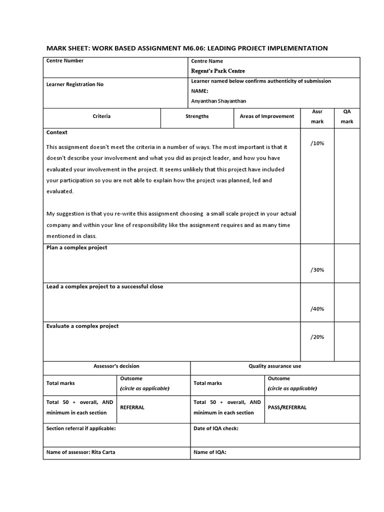 Mark Sheet: Work Based Assignment M6.06: Leading Project Implementation ...