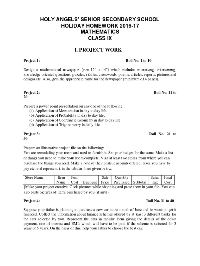 Holy Angels' Senior Secondary School Holiday Homework 2016-17 ...