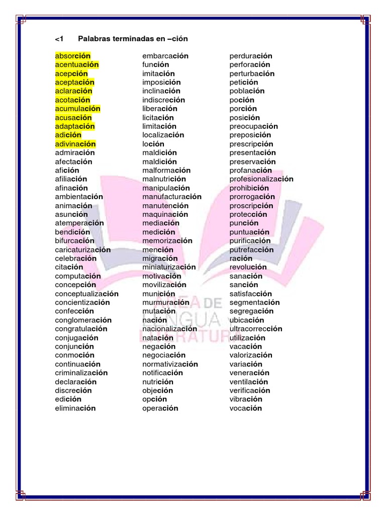 Palabras Terminadas en Ción - Sión | PDF | Naturaleza
