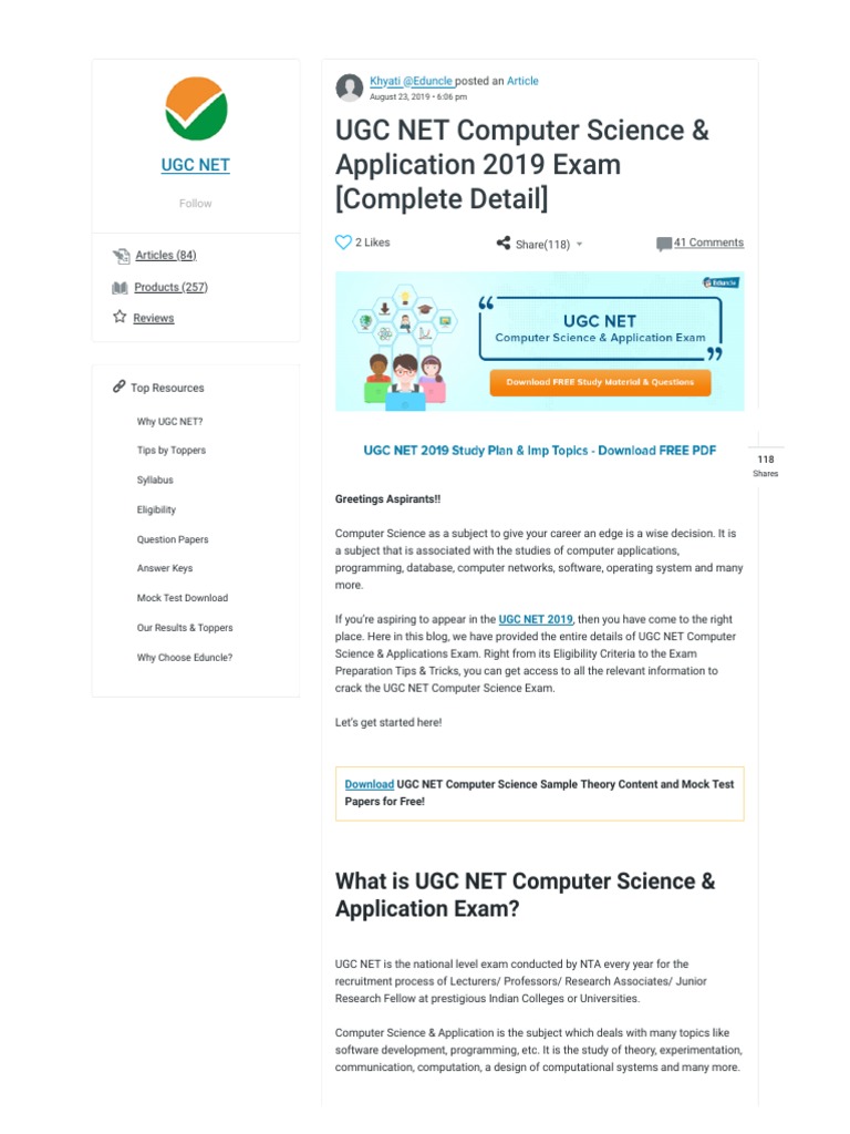 UGC NET Computer Science & Application 2019 Exam (Complete Detail ...