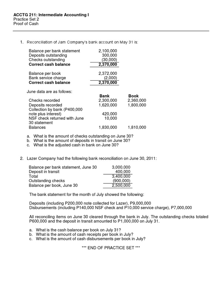 ACCTG 211 Intermediate Accounting I Practice Set 2 Bank Reconciliation Problems | PDF | Banks ...