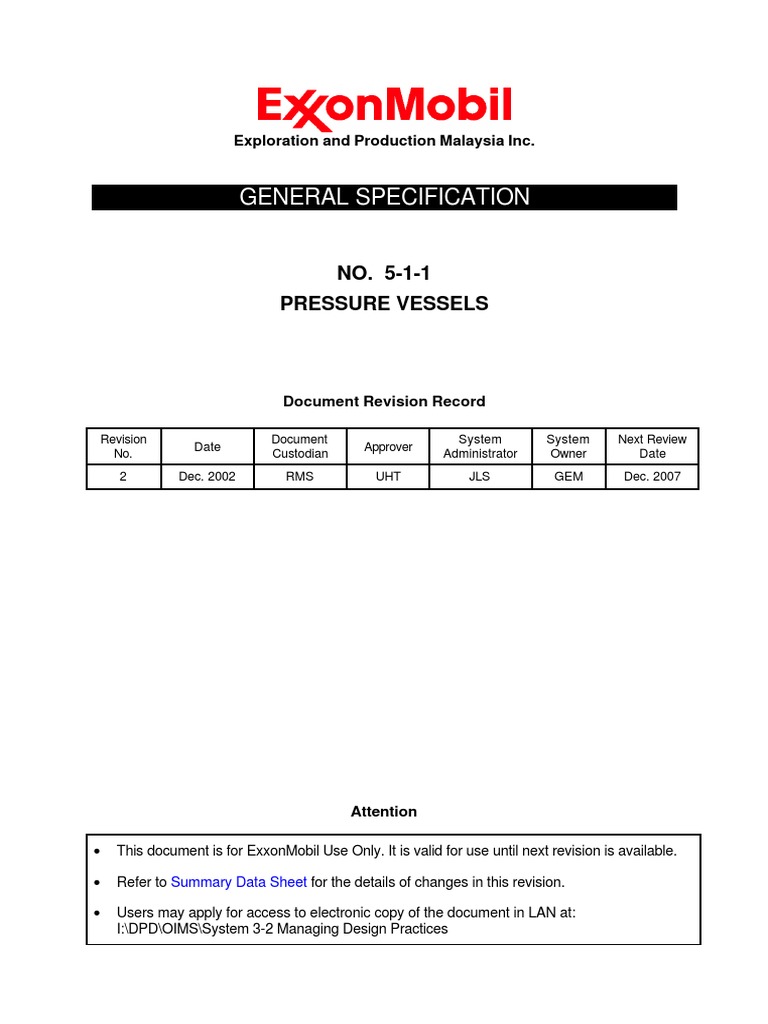 General Specification: NO. 5-1-1 Pressure Vessels | PDF | Specification ...