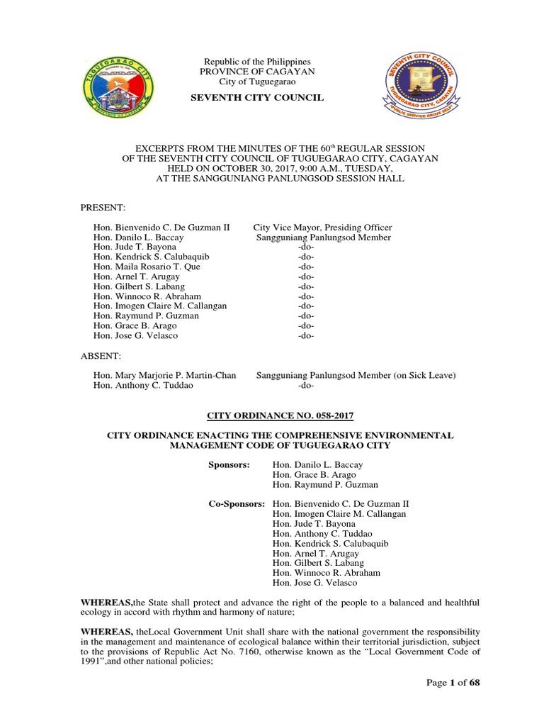 City Ordinance Enacting the Comprehensive Environmental Management Code ...