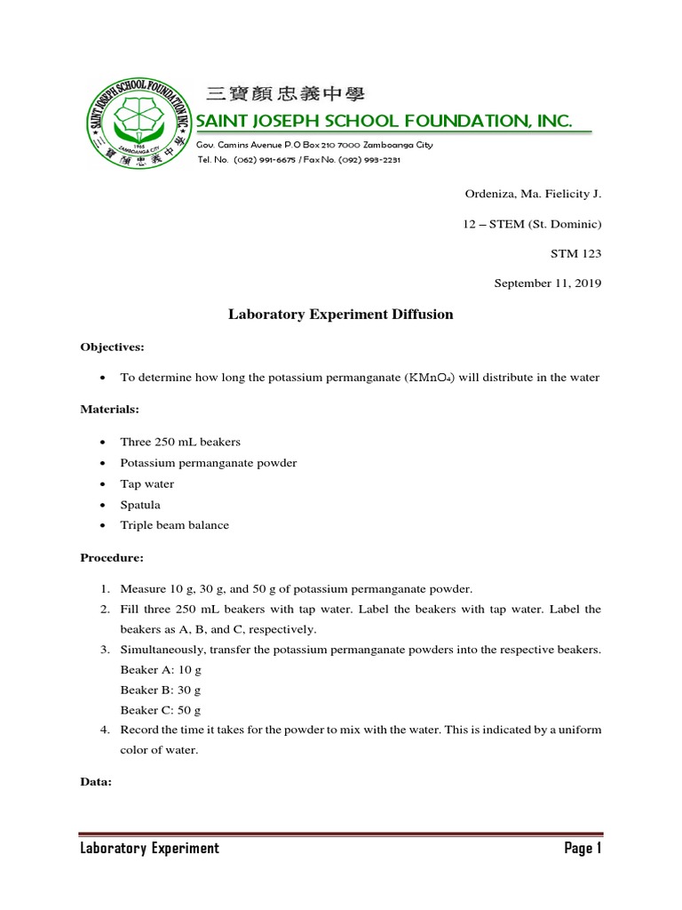 Saint Joseph School Foundation, Inc.: Laboratory Experiment Diffusion ...