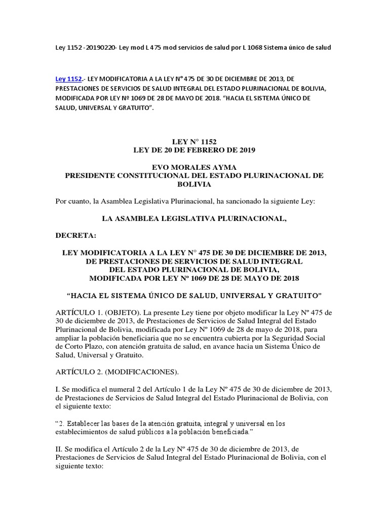Ley 1152 - 20190220 - Ley Mod L 475 Mod Servicios de Salud Por L 1068 Sistema Único de Salud ...