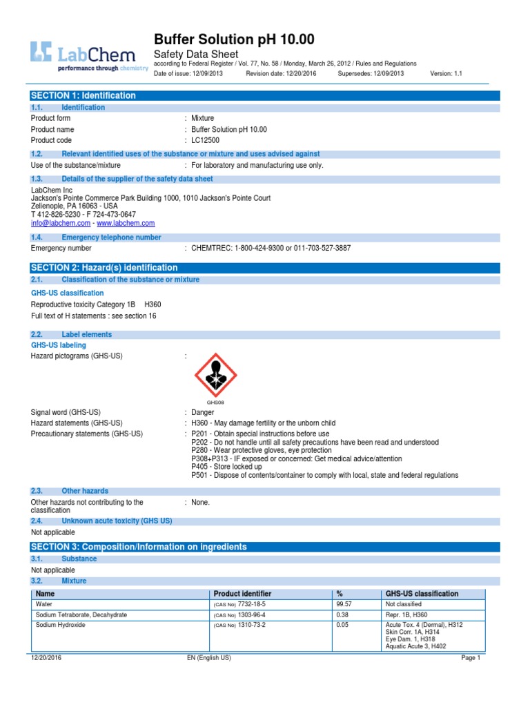 Buffer Solution PH 10.00: Safety Data Sheet | Download Free PDF | Firefighting | Toxicity