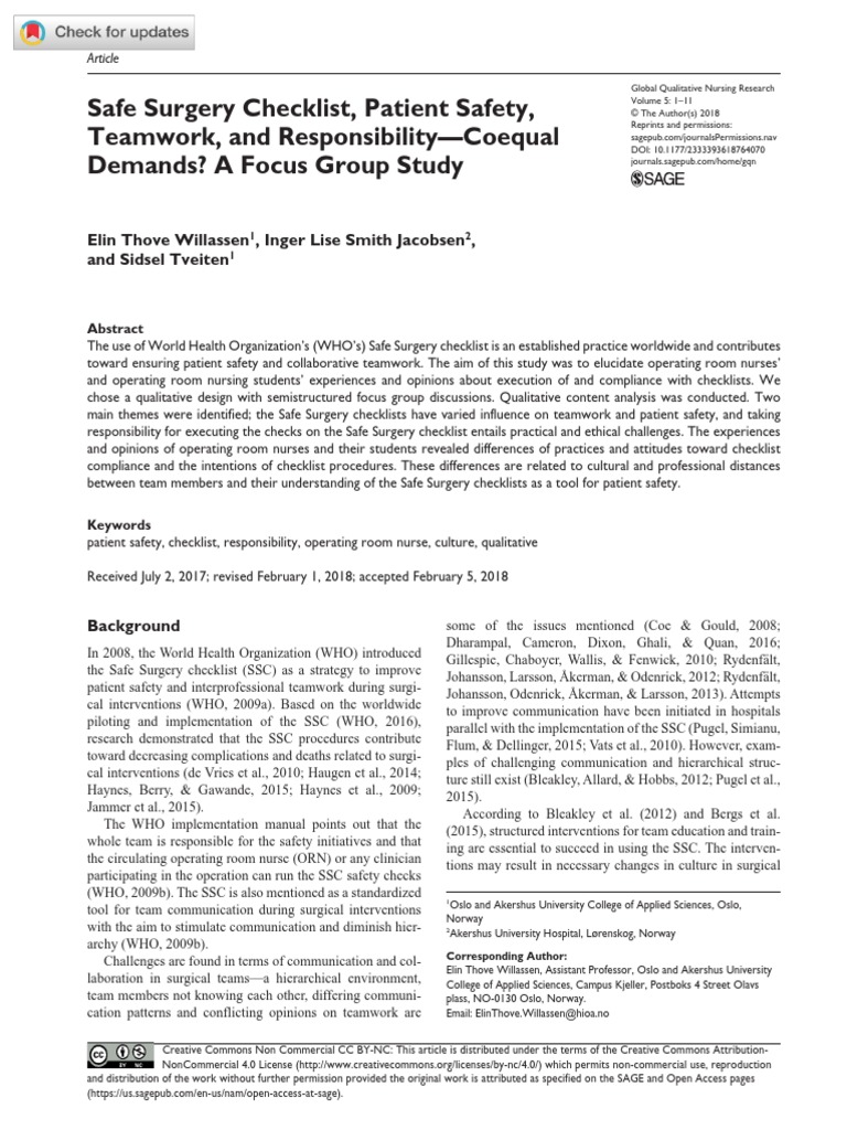 Safe Surgery Checklist, Patient Safety, Teamwork, and Responsibility ...
