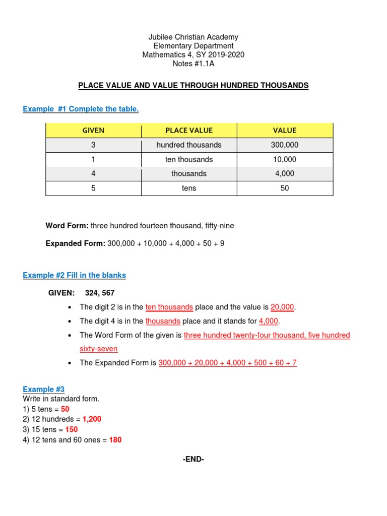 Place Value to Hundred Thousands | PDF