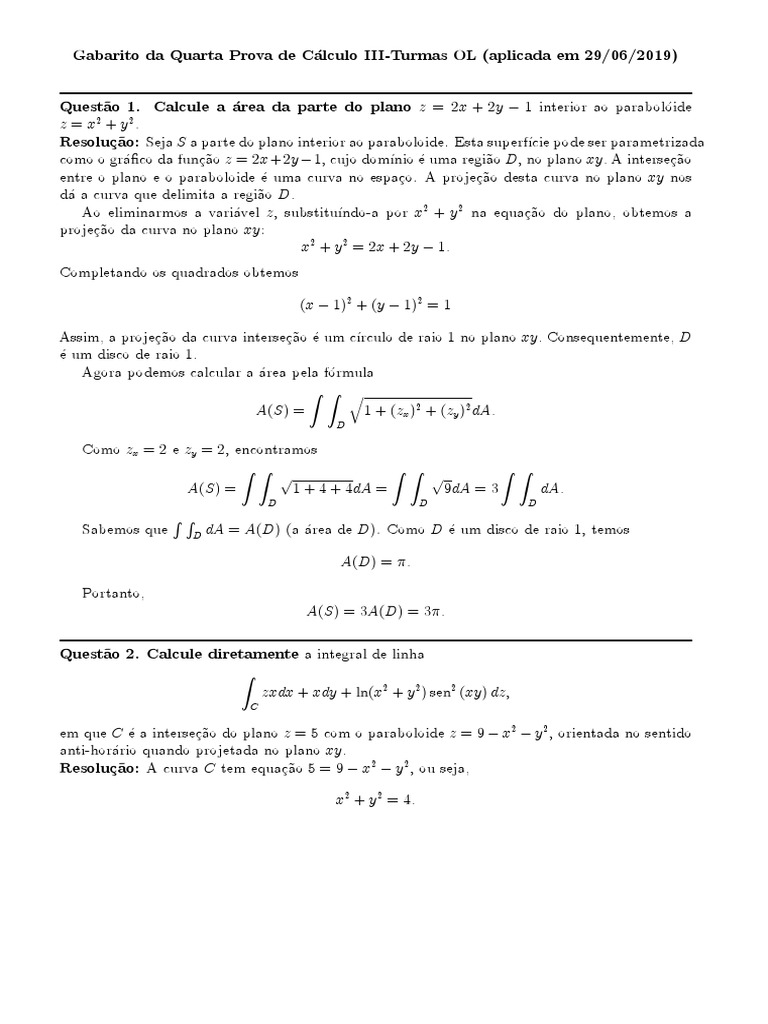 Prova De Calculo 3 Ufmg Pdf área Integrante