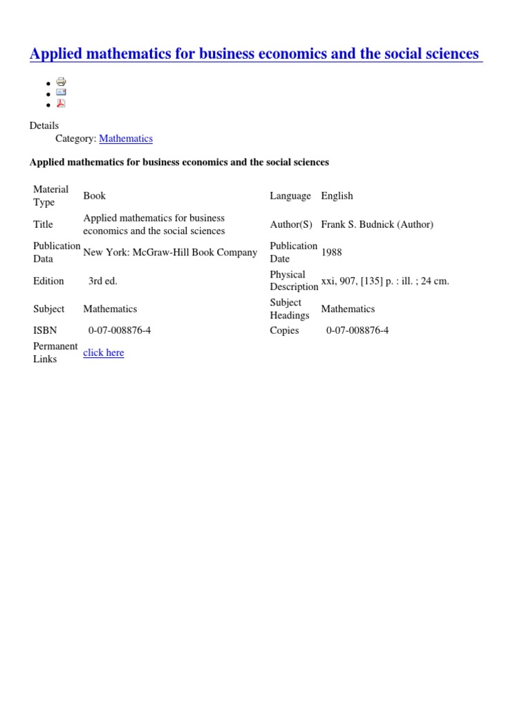 Applied Mathematics For Business Economics and The Social Sciences | PDF