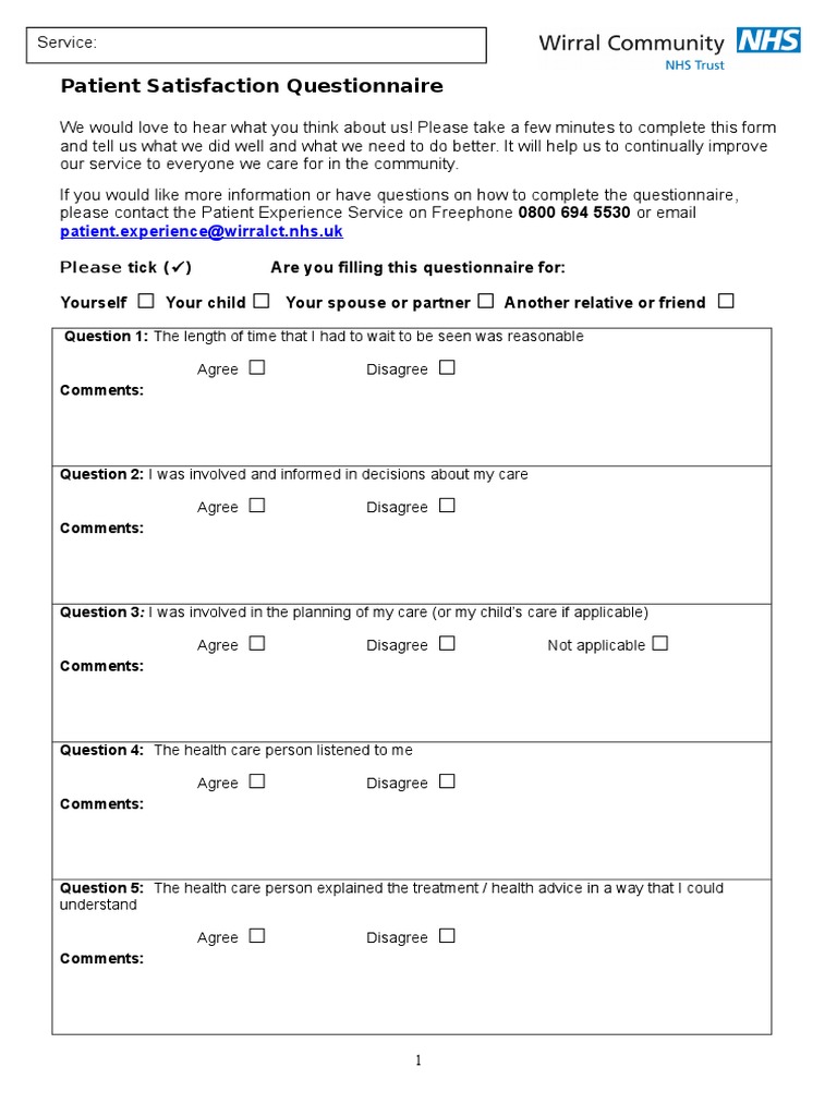 Patient Satisfaction Questionnaire: Patient - Experience@wirralct - Nhs ...