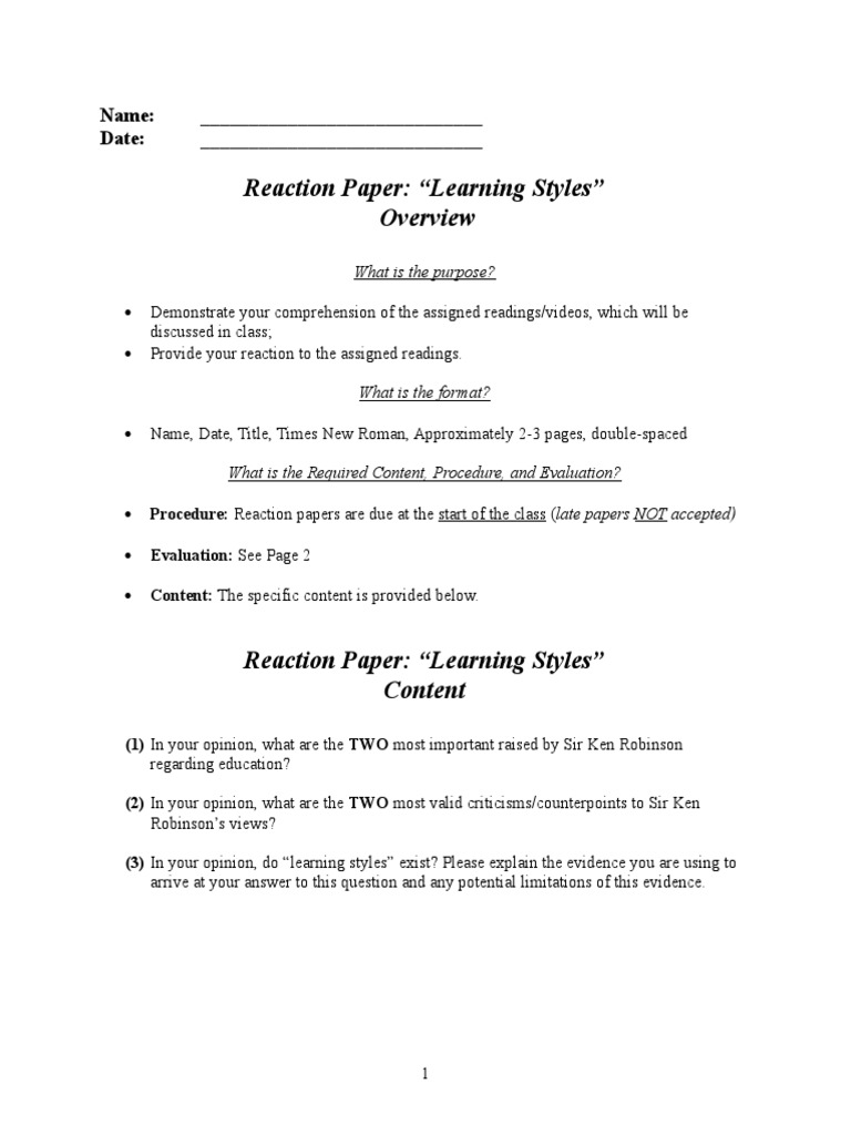 Reaction Paper: "Learning Styles": Name: - Date | PDF | Learning Styles ...