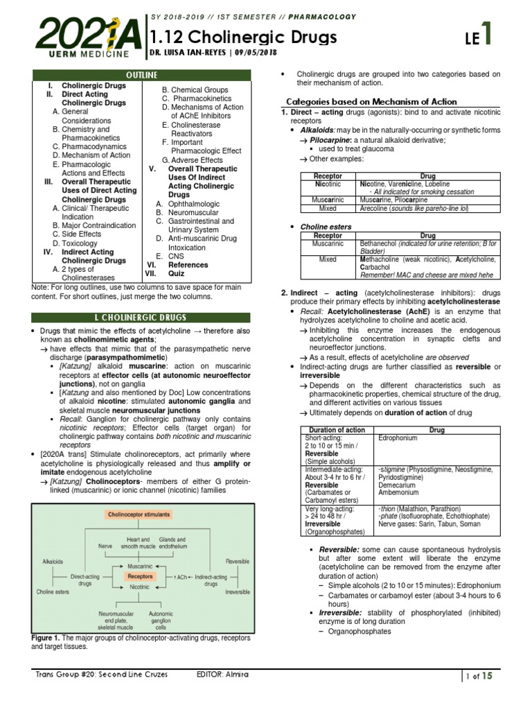 (PHARMA) 1.12 Cholinergic Drugs (LReyes) v2 PDF | PDF | Acetylcholine | Neurochemistry