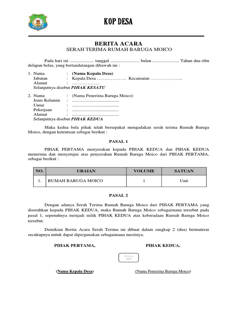 Format Bap Rumah Baruga Moico - Desa | PDF