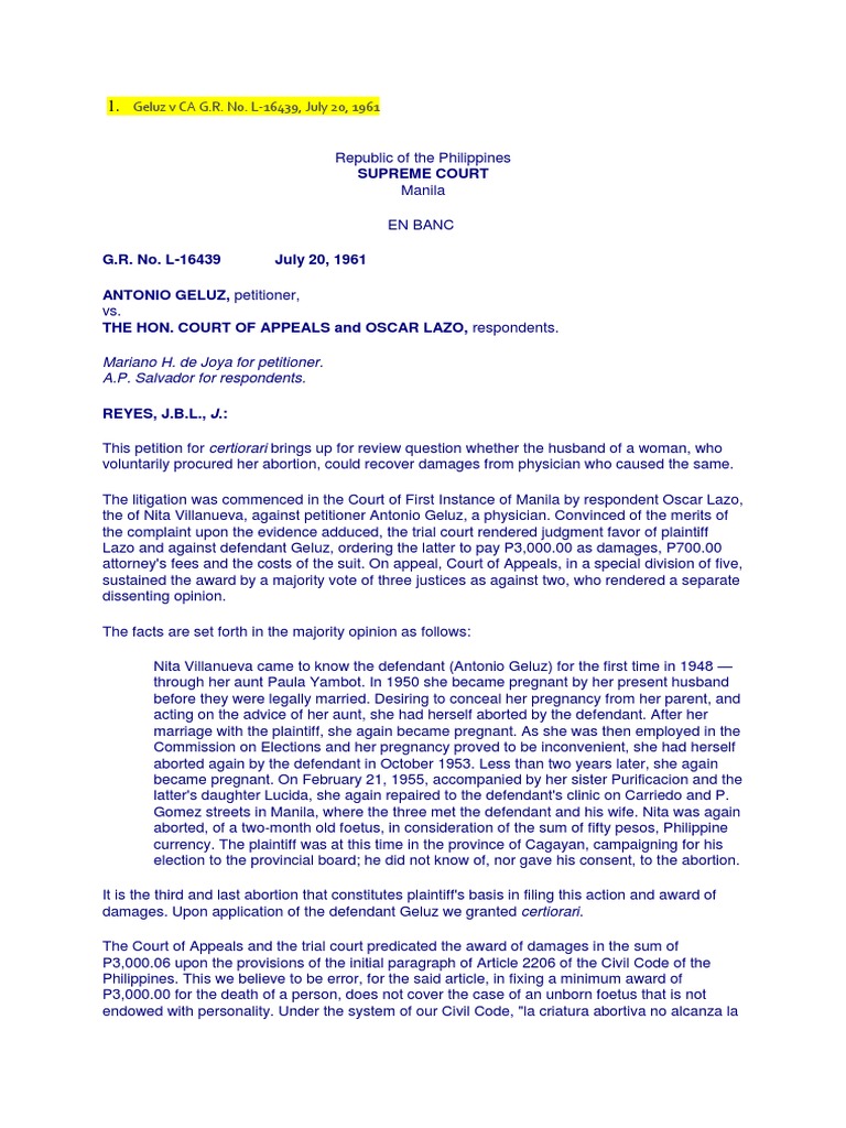 Supreme Court: Geluz V CA G.R. No. L-16439, July 20, 1961 | PDF ...