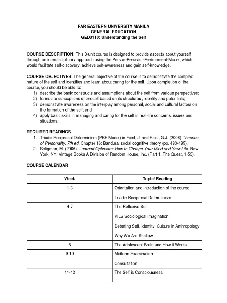 Understanding The Self Course Outline | PDF | Self | Identity (Social ...