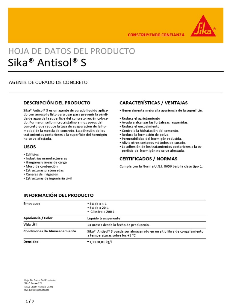 HT - Sika Antisol S PDF | PDF | Hormigón | Agua