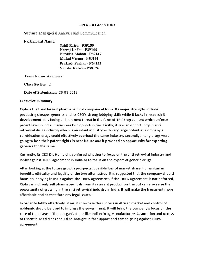 Cipla Case Analysis | PDF | Generic Drug | Trips Agreement