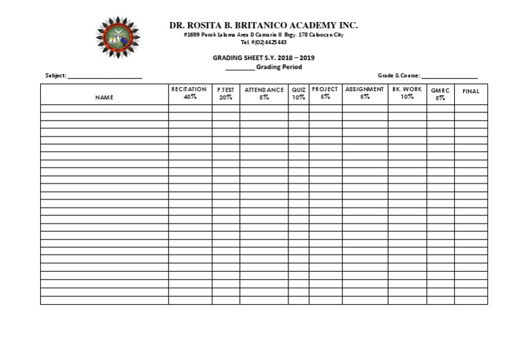 Dr. Rosita B. Britanico Academy Inc.: GRADING SHEET S.Y. 2018 - 2019 ...