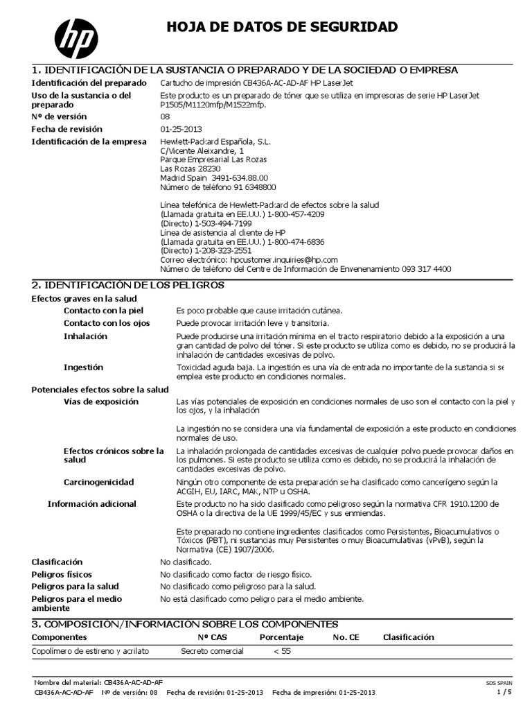 Hoja de Seguridad Tóner HP 1505 | PDF | Toxicidad | Polvo