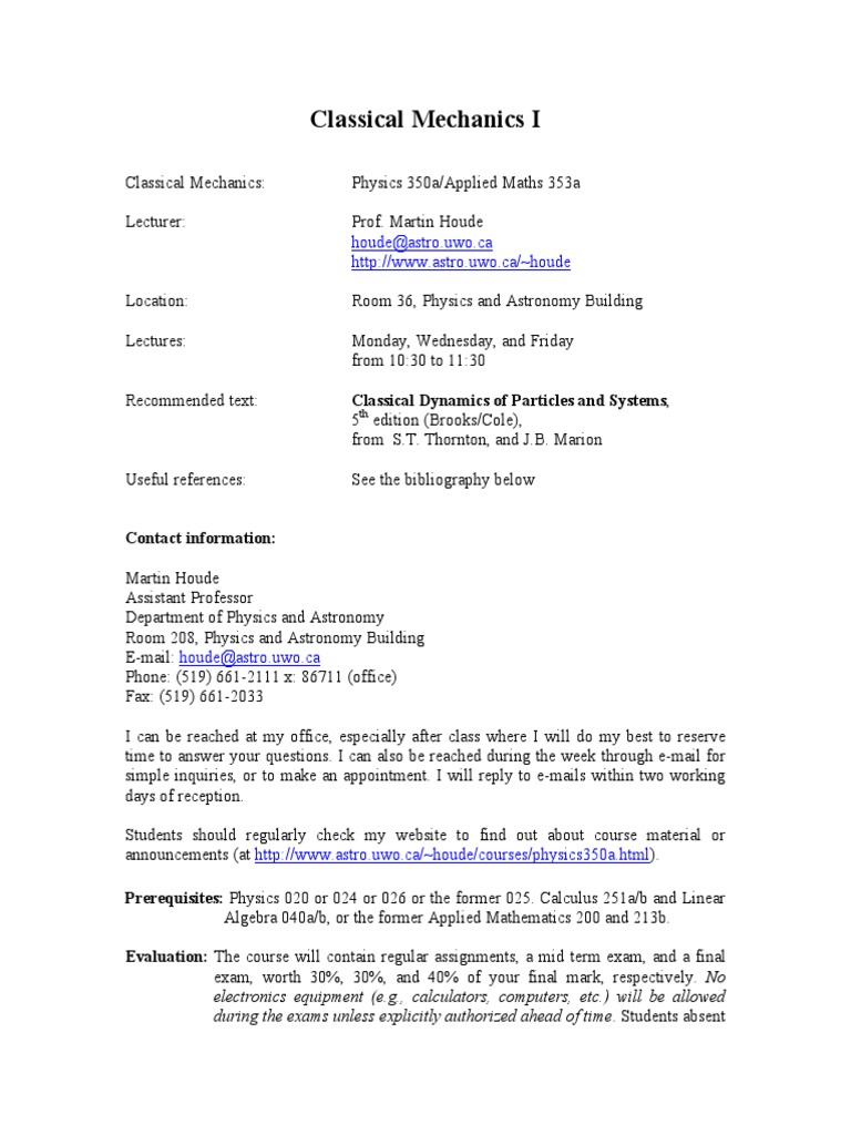 Phy350a Outline | PDF | Classical Mechanics | Physics