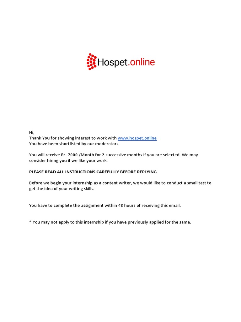 Please Read All Instructions Carefully Before Replying: WWW - Hospet ...