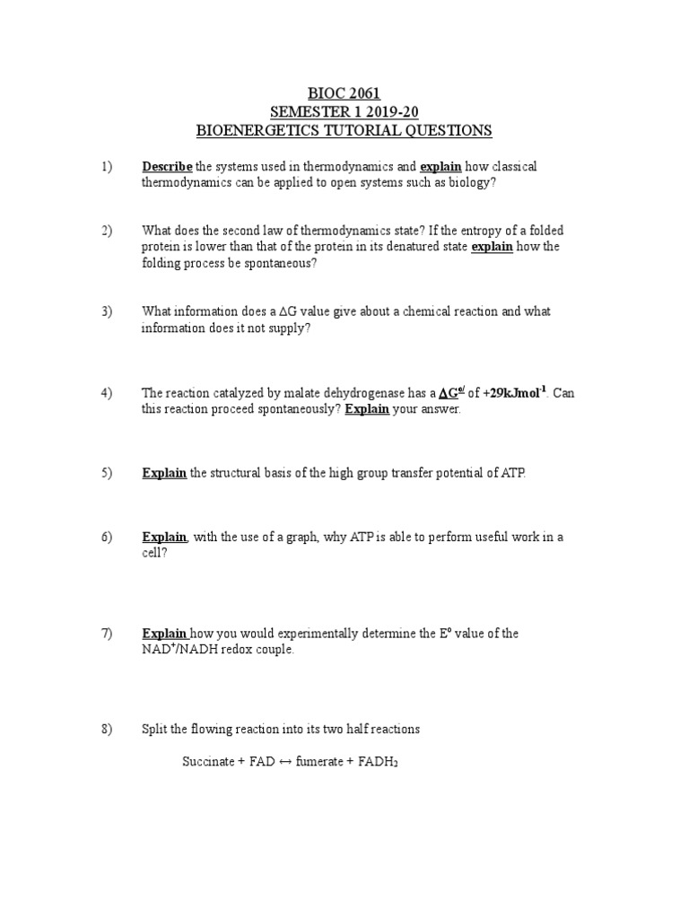 Tutorial Worksheet #2 Bioenergetics 2019-20 | PDF