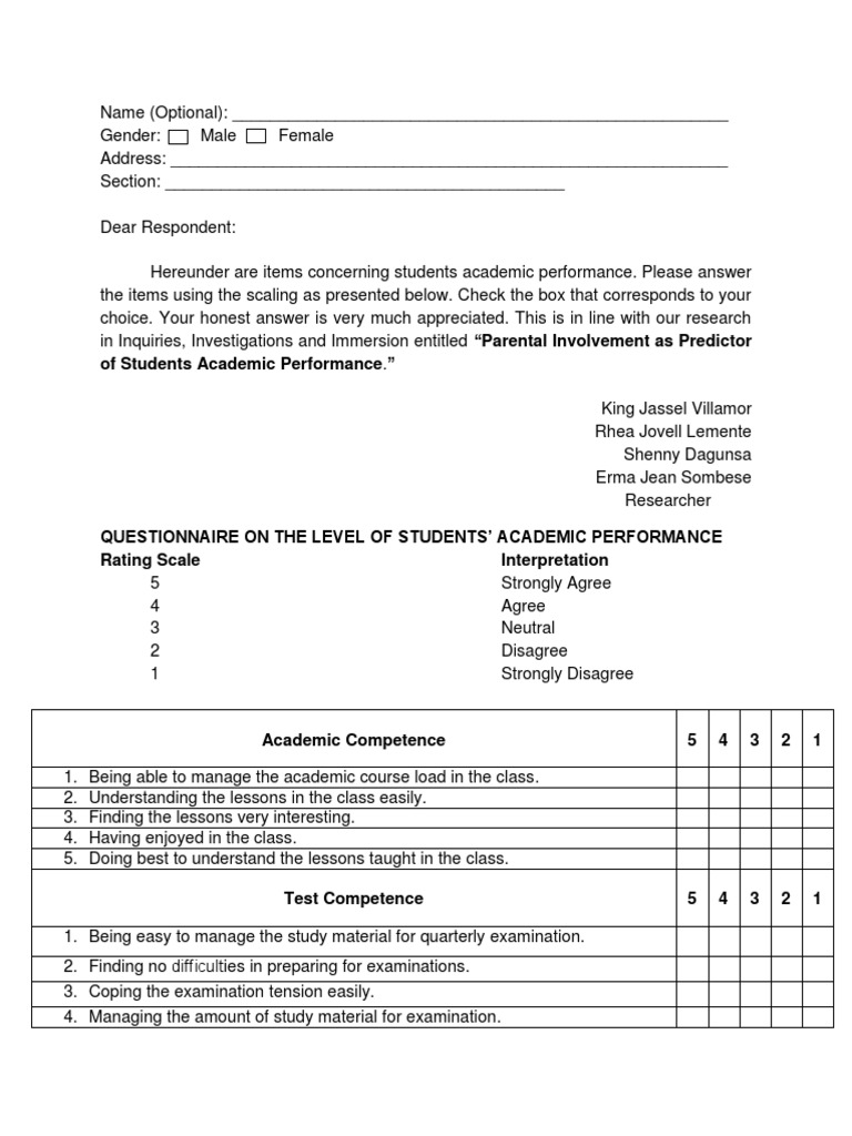 Parental Involvement and Academic Performance Questionnaire | PDF ...