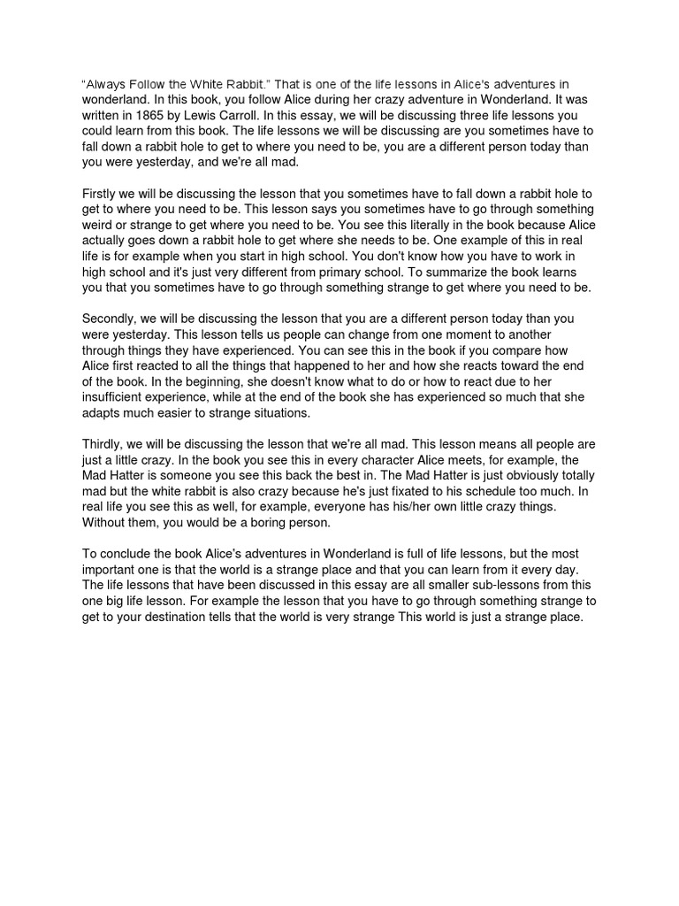 Life Lessons From Alice in Wonderland Essay | Download Free PDF | Alice ...
