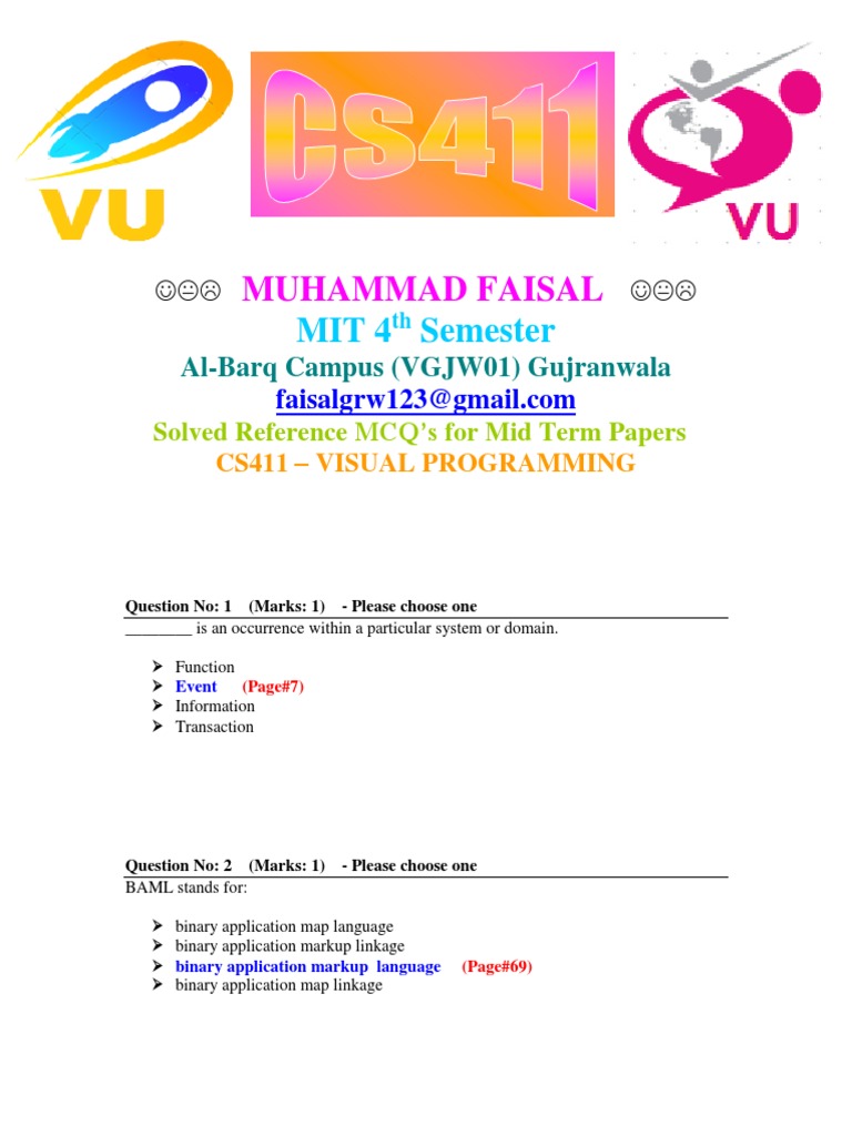 CS411 Midterm Reference MCQ's File by Faisal | PDF | Class (Computer Programming) | Inheritance ...