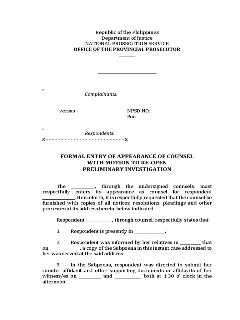 Sample Formal Entry of Appearance Prosec Level | PDF | Prosecutor | Judiciaries