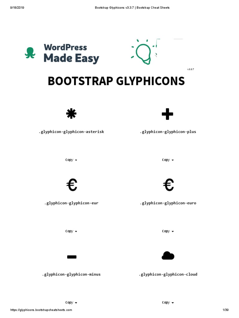 Bootstrap Glyphicons v3.3.7 - Bootstrap Cheat Sheets PDF | PDF ...